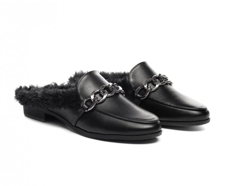 Mule Feminino Preto Correntes e Pêlo Mari - Meisis Shoes